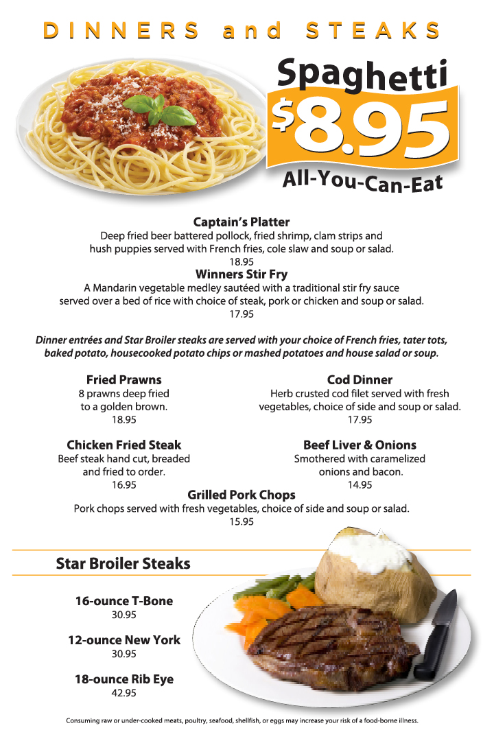 The Star Broiler Menu at Winners Inn - open 24/7 whenever you're hungry